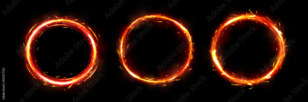 Realistic fire ring. burning circle frames with sparks, red flaming ...