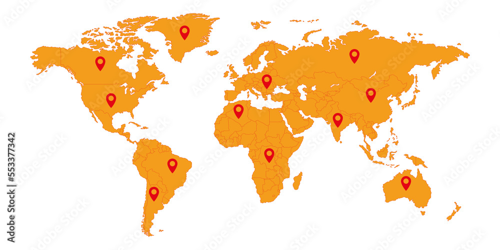 Detailed border world map with red pointers isolated. world map and ...