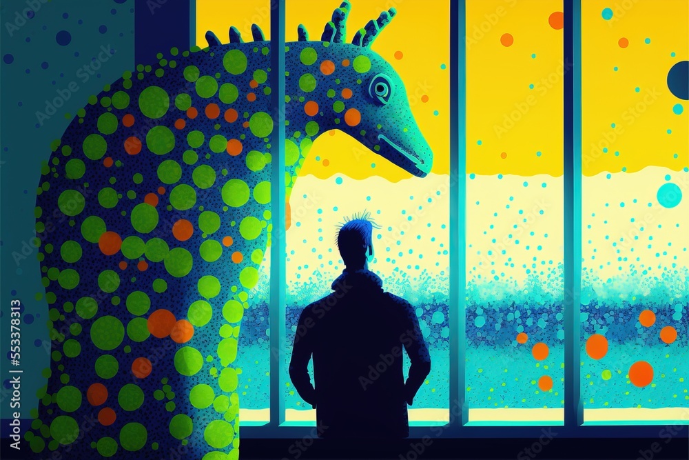 Oceanarium with man standing and observing strange seahorse like ...