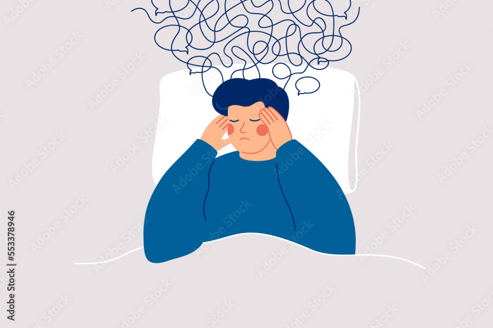 Sad man experiences anxious intrusive thoughts in bedtime and can't sleep. Сloud of thoughts ...