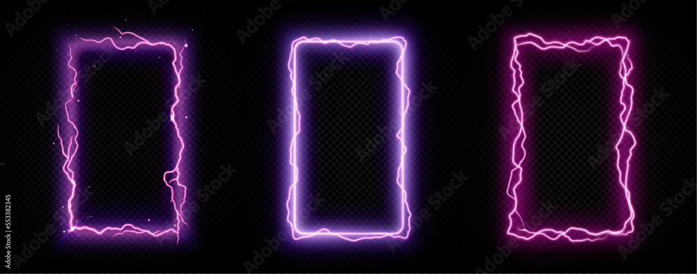 Rectangle frames with purple lightnings, electric energy strikes on ...