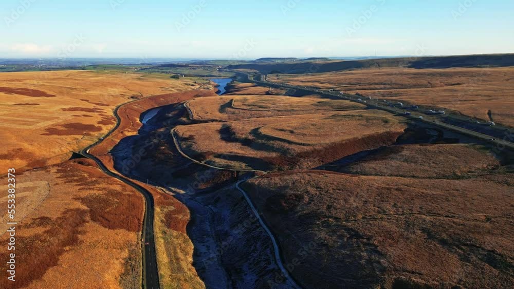 Aerial View of Englands highest motorway the M62 as it travels across ...