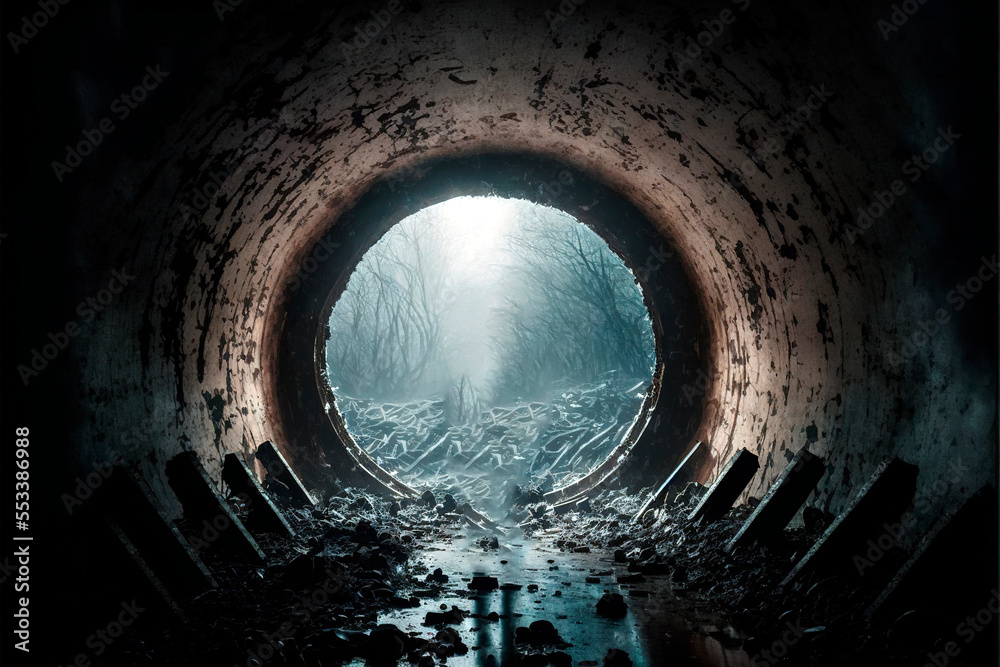 tunnel of light, inside a sewage pipe, a beautiful rusty texture, a ...