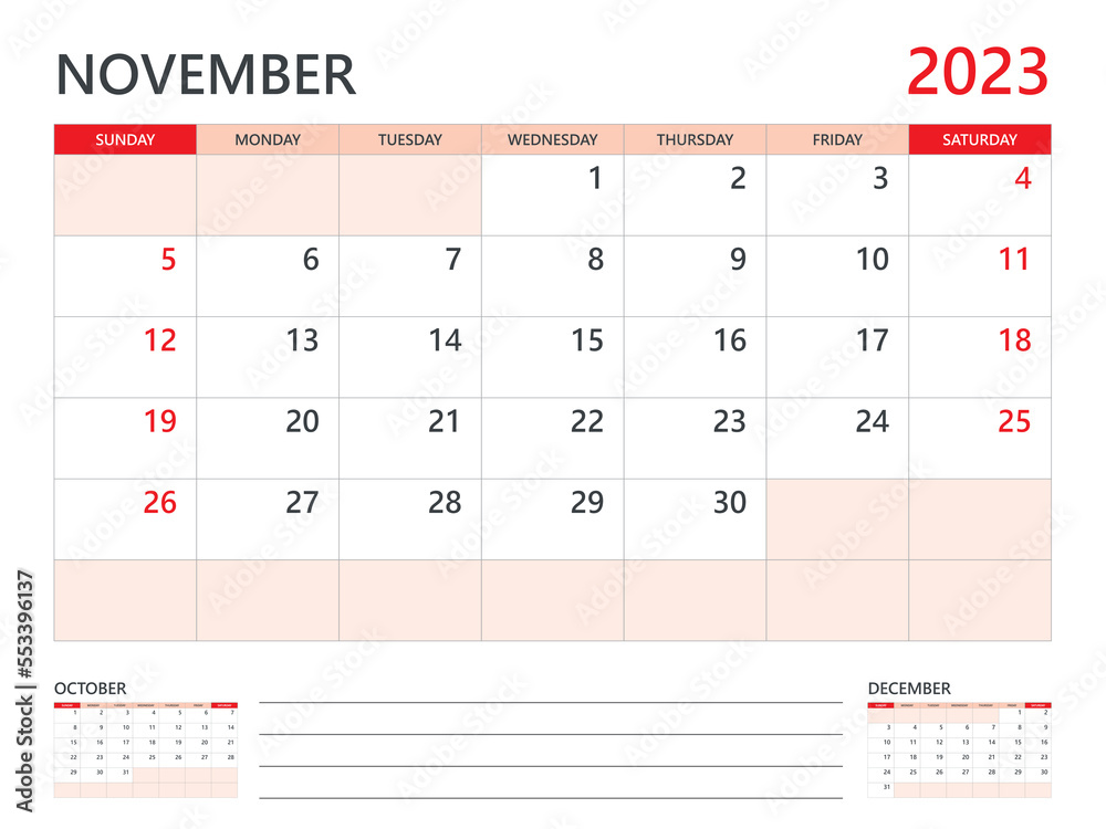 Calendar 2023 template vector on red background, November 2023 template ...
