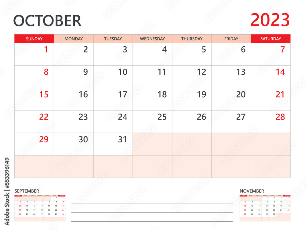 Calendar 2023 template vector on red background, October 2023 template ...
