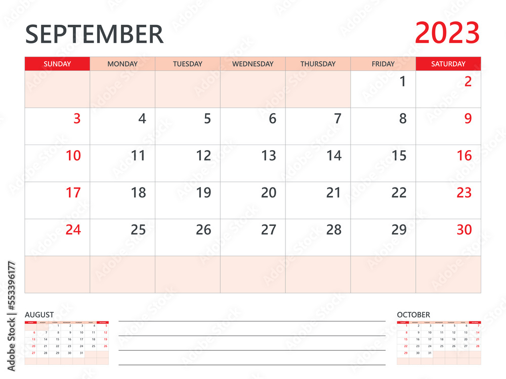 Calendar 2023 template vector on red background, September 2023 ...