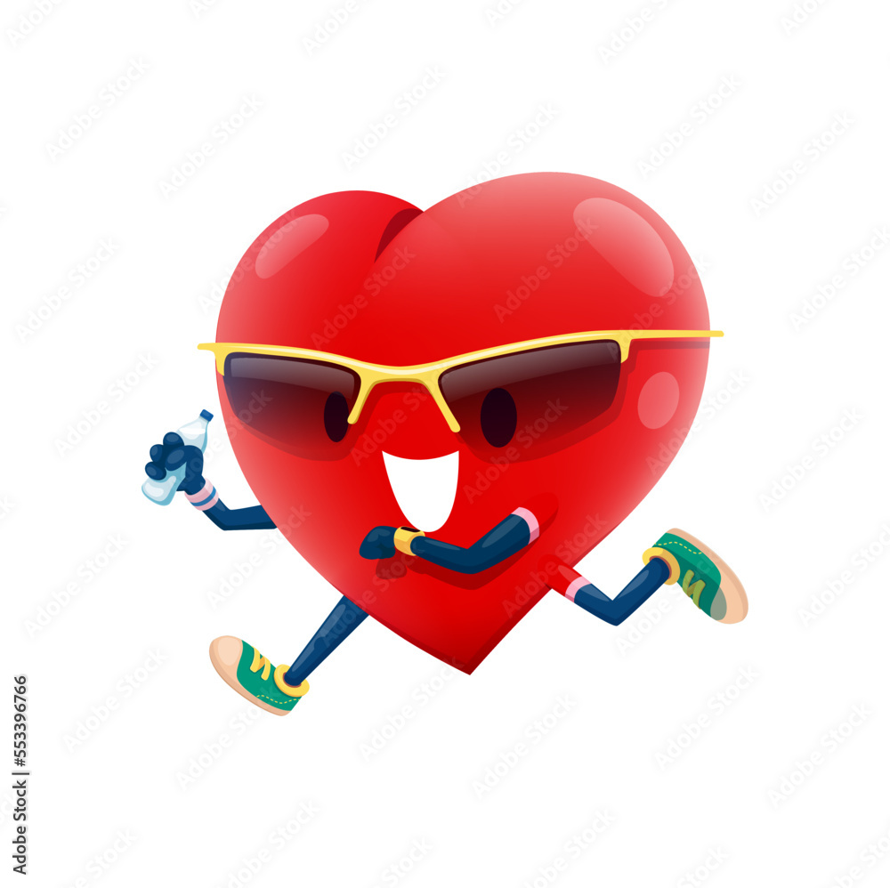 Cartoon running heart character. Running sport, fitness training and ...