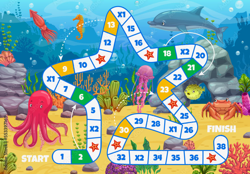 Kids board game cartoon underwater landscape and animals. Vector step ...