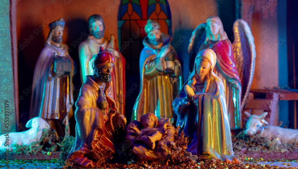 Christmas nativity scene. Christmas scene of born child baby Jesus ...