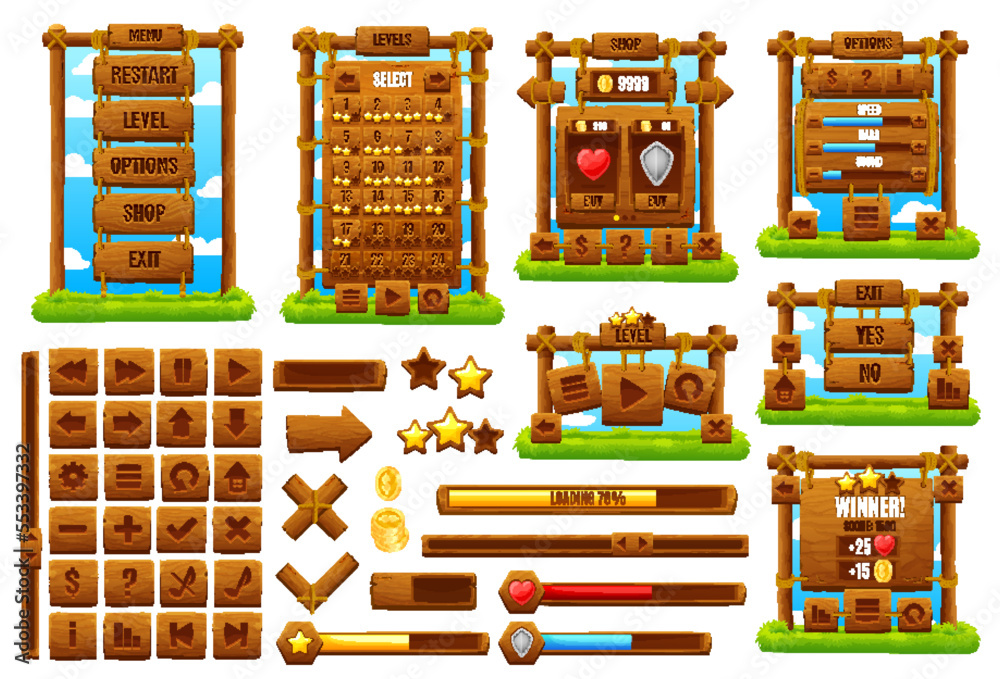 Western, ranch wooden game interface. Cartoon gui element, ui game ...