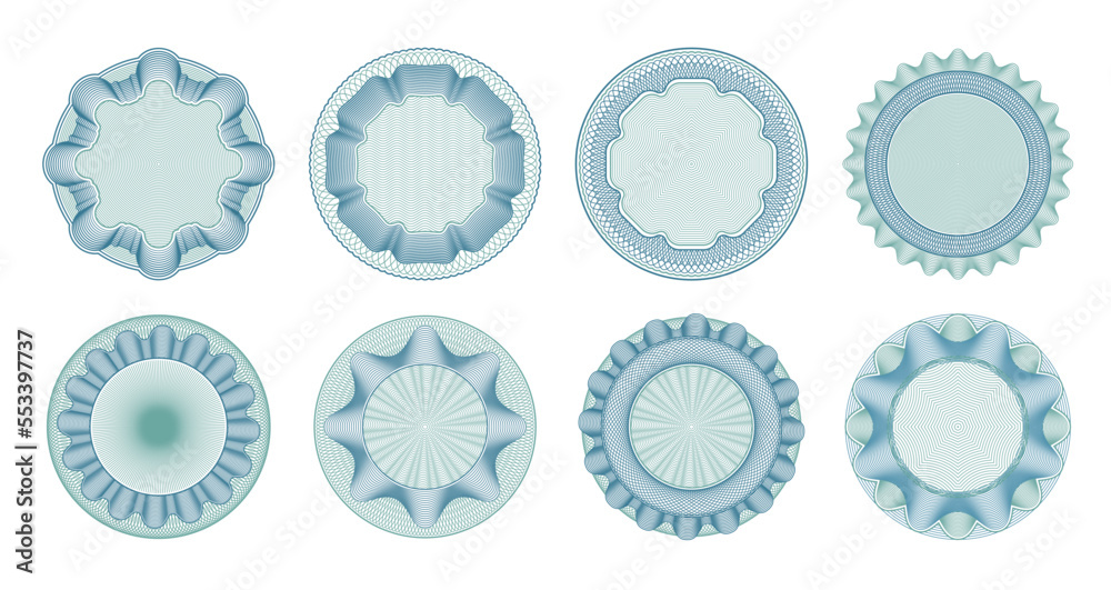 Guilloche rosettes, money banknote watermark frames for certificate ...