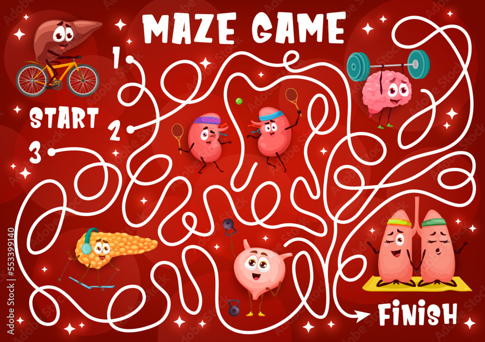 Labyrinth maze, cartoon funny human organs sportsman characters, vector ...