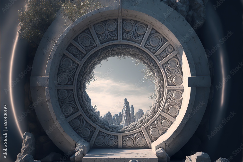 Portal in stone arch with magical symbols in mountain cave. Gate to ...