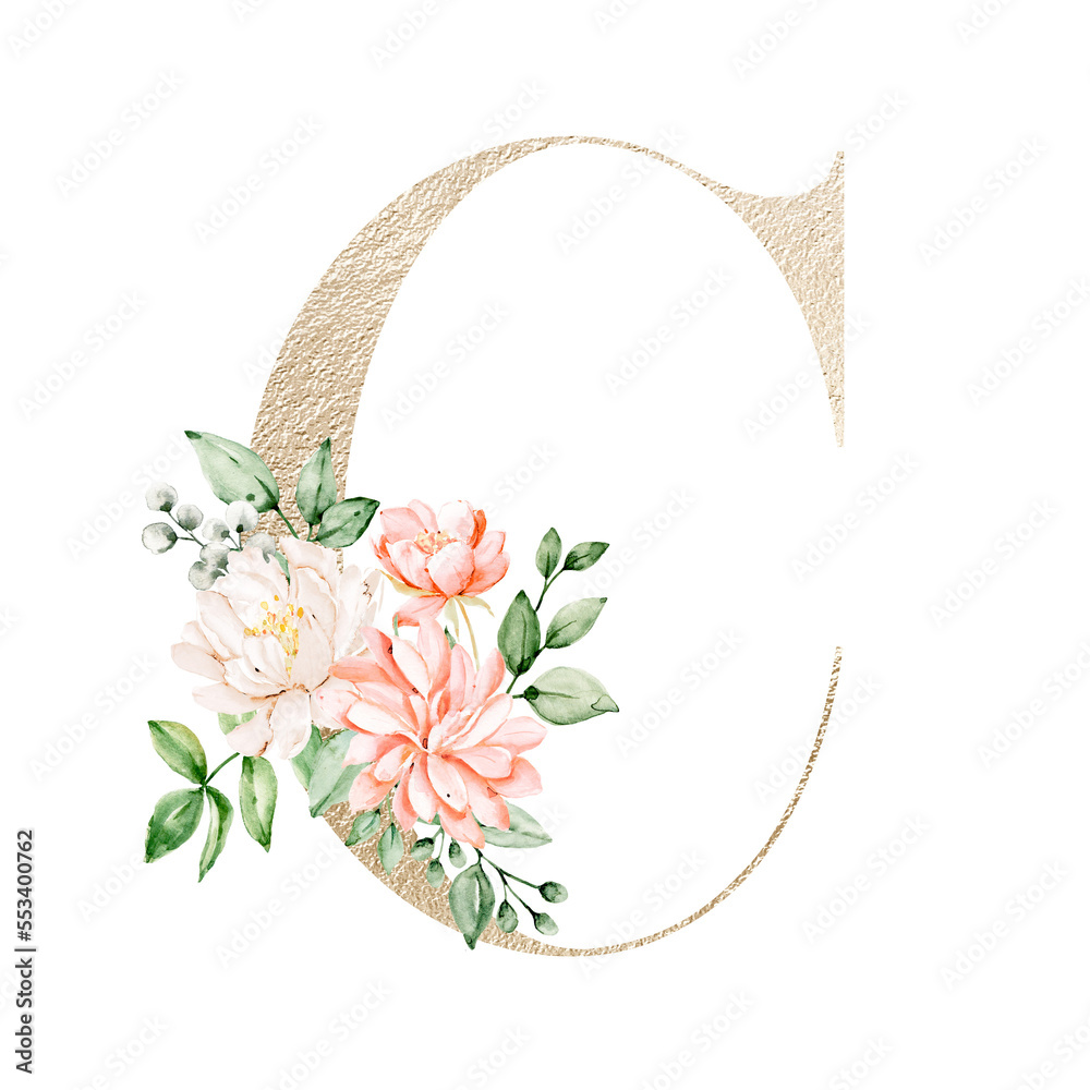 Floral alphabet, gold letter C with watercolor flowers and leaf ...