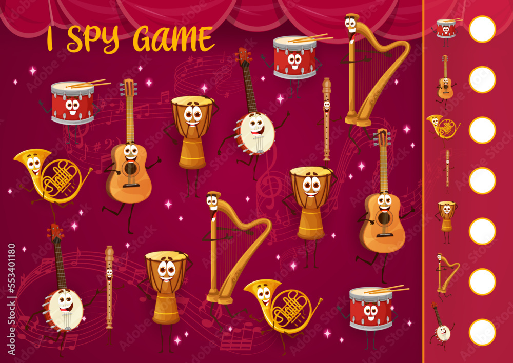 I spy game worksheet. Cartoon musical instrument characters. Counting ...