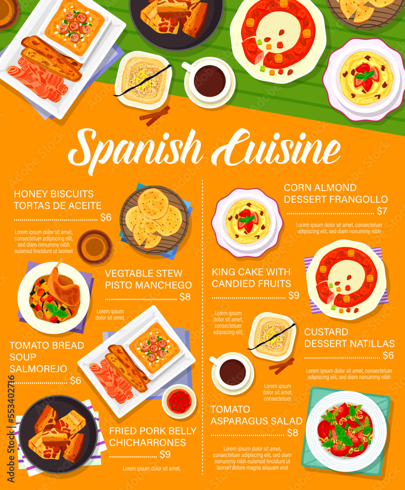 Spanish cuisine menu template. Tomato bread soup Salmorejo, vegetable ...
