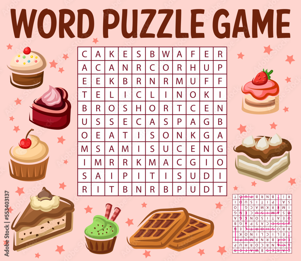 Cupcakes, cakes and desserts. Word search puzzle game worksheet. Kids ...