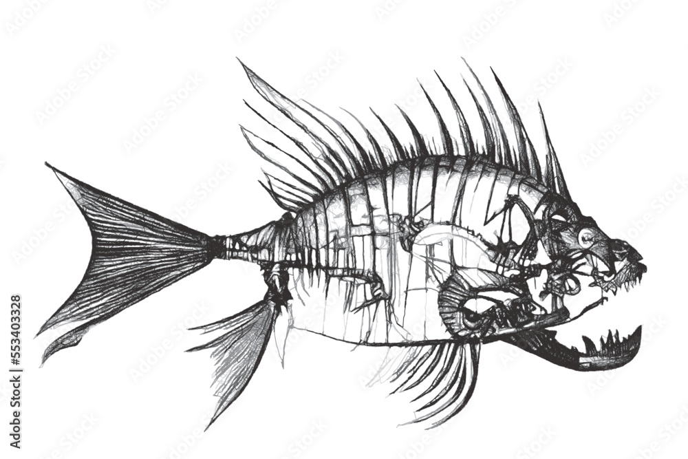 Fish skeleton. Fantastic Sea monster. Doodle sketch. Vector ...