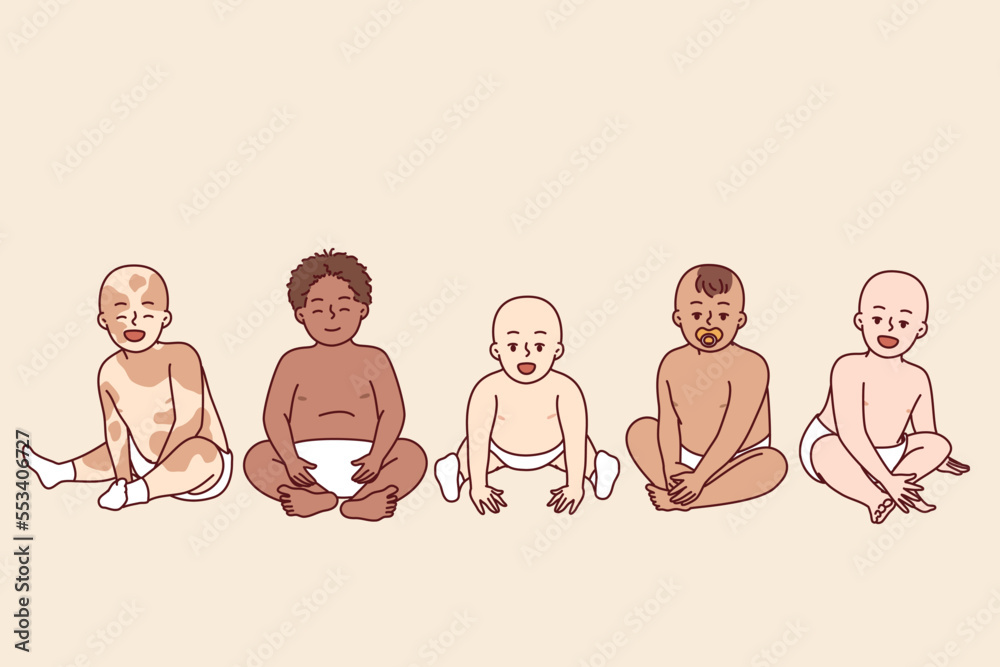 Preschool children of different races and nationalities sit side by ...