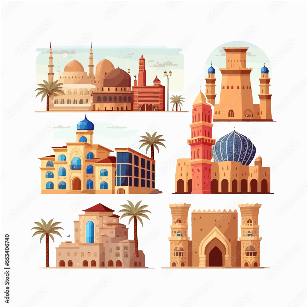 Vector set of arabic architecture. islamic town houses, castle and ...