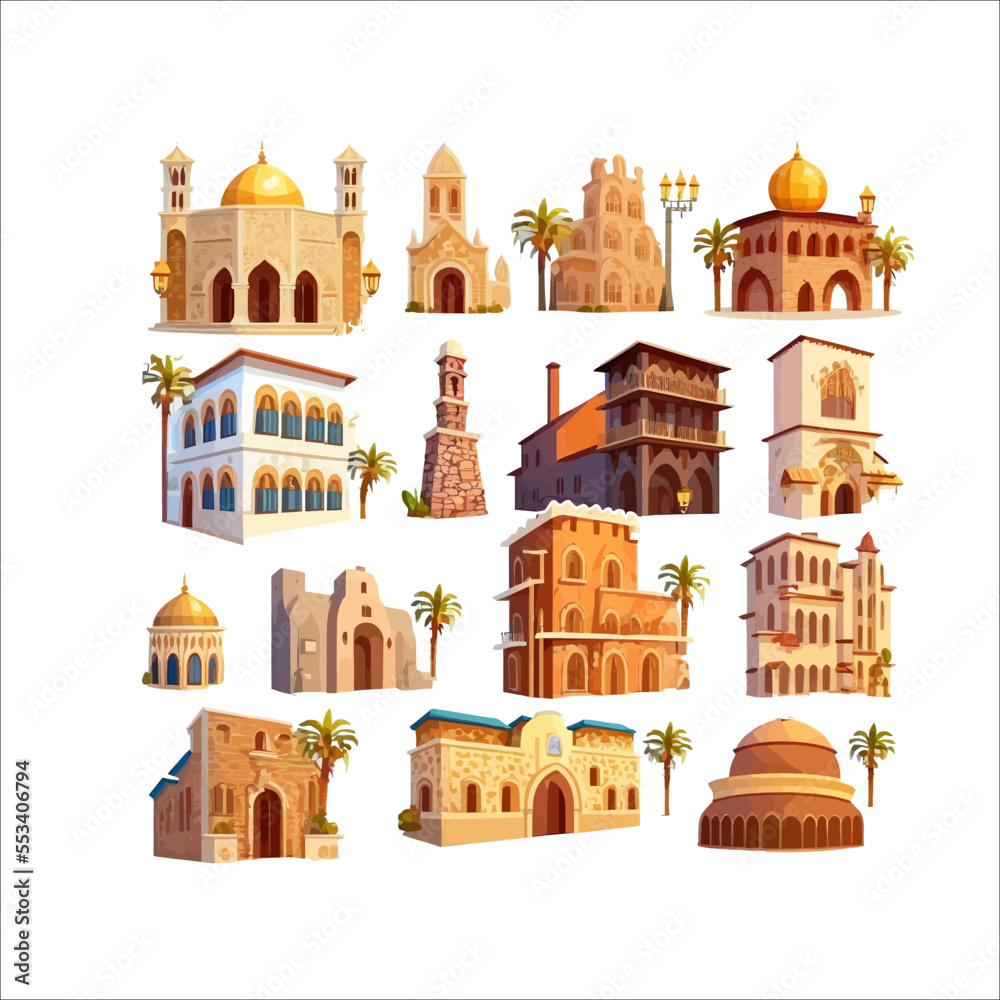 Vector set of arabic architecture. islamic town houses, castle and ...