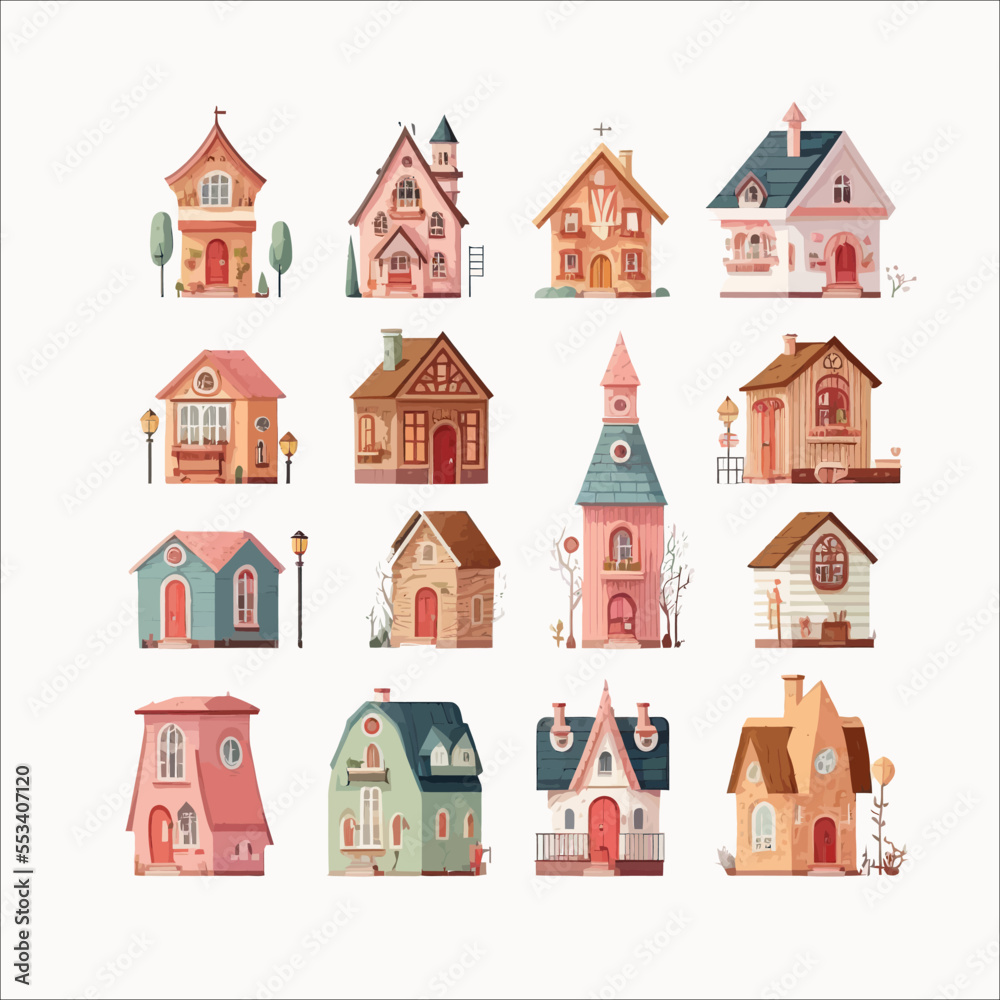 Cute tiny houses. Cartoon small town houses, minimalism city buildings ...