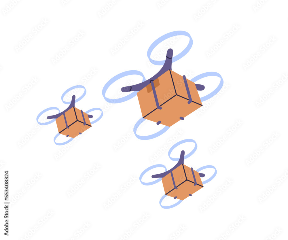 Drone Delivery Copter Flying Delivering Cargo Boxes Cardboard Packages Parcels By Air