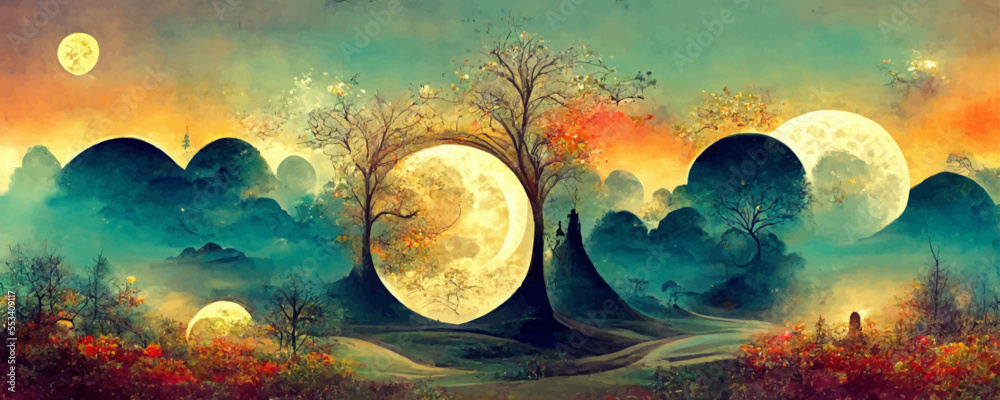 Fantastic magical fairy tale landscape with moon Stock Vector | Adobe Stock
