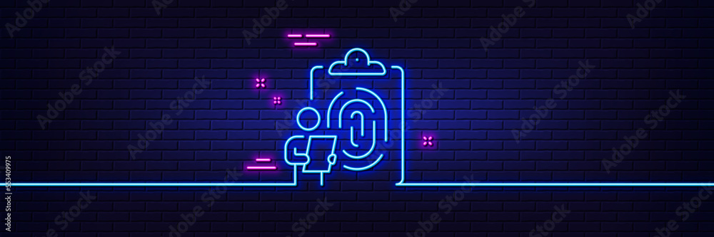 Neon Light Glow Effect Fingerprint Clipboard Line Icon Finger Print
