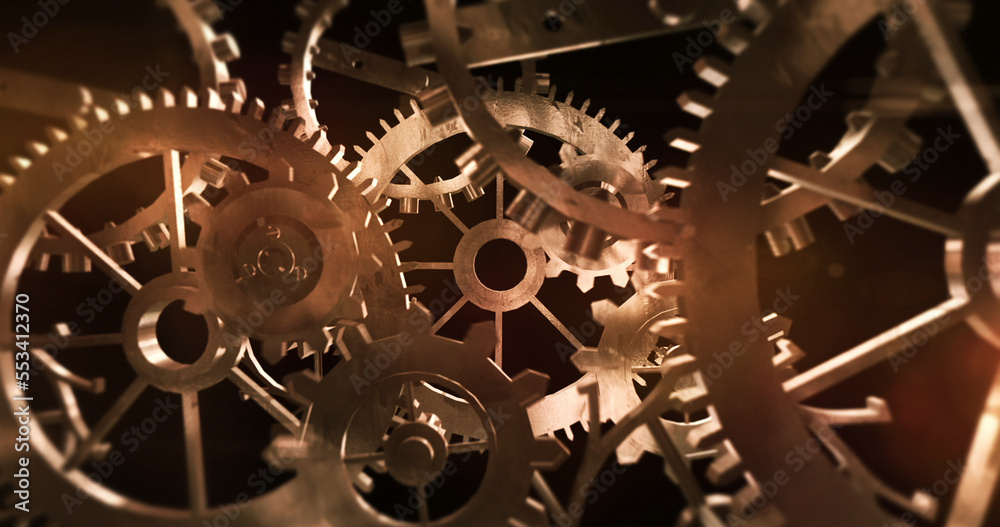 Flying Inside Of Mechanical Machine Gears. Industry And Teamwork ...