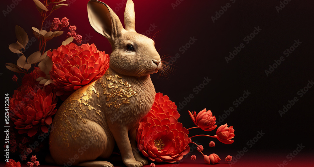 Chinese new year 2023 year of the rabbit. Gold bunny rabbit with red ...