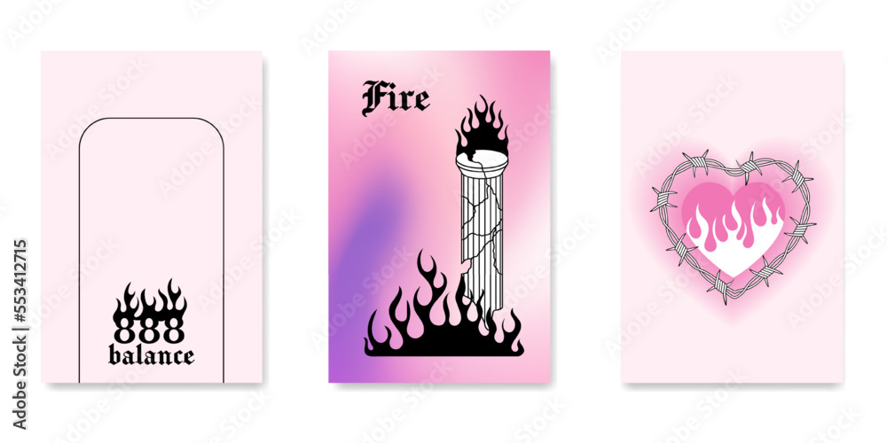 y2k gothic flame tattoo stickers. Retro psychedelic love art. Vector ...