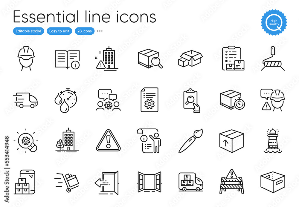 Office box, Warning road and Delivery truck line icons. Collection of ...