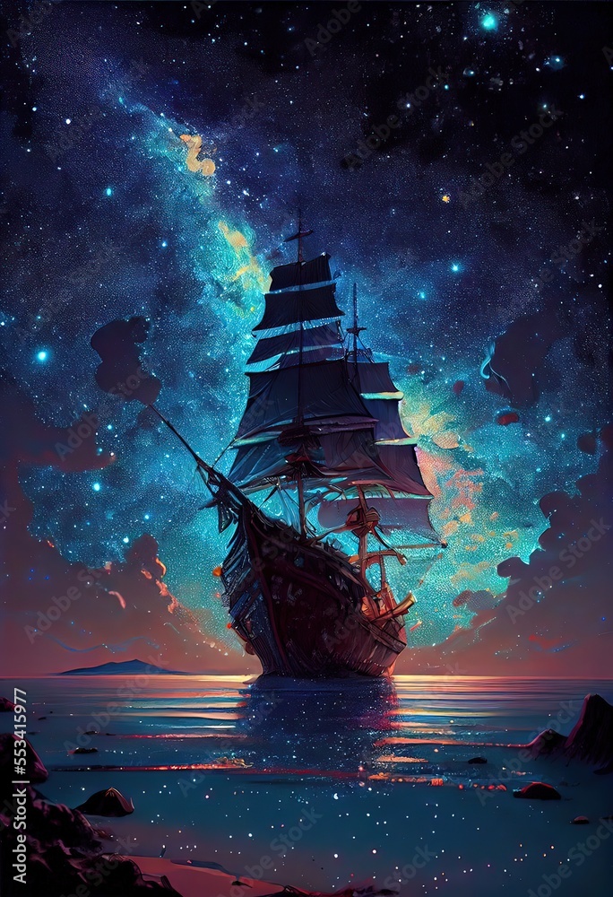 Beautiful Night Seascape Anime Art, Pirate ship, galaxy, milky way ...
