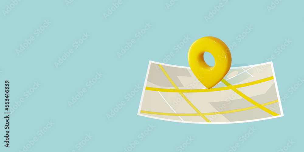 Locator mark on paper city map shows destination, address, geo position ...