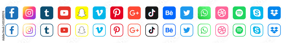 Social media icons or social network logos flat png icon set collection ...