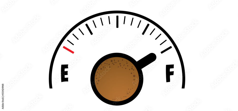 Cartoon coffee speed meter, power on. Coffee or tea break. Measuring ...