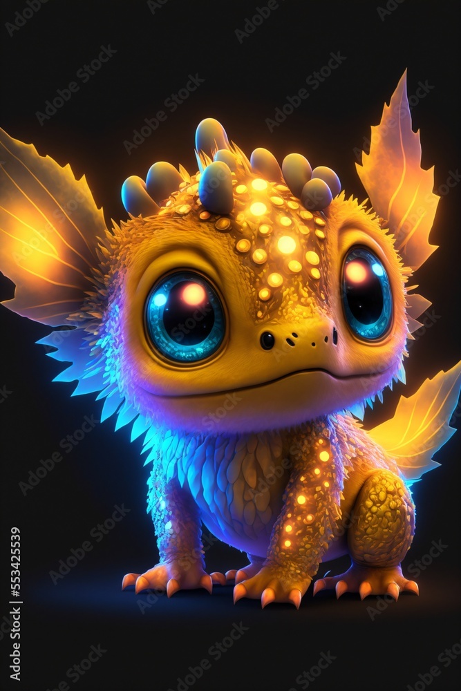 cute yellow baby dragon big big blue eyes isolated on black background ...