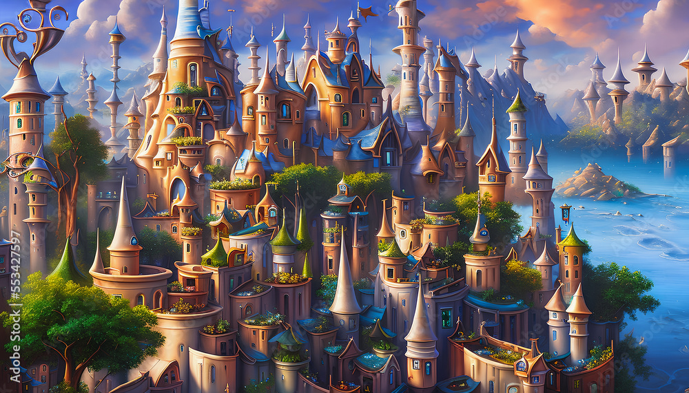 Artistic concept illustration of a Fairy tales village with small ...