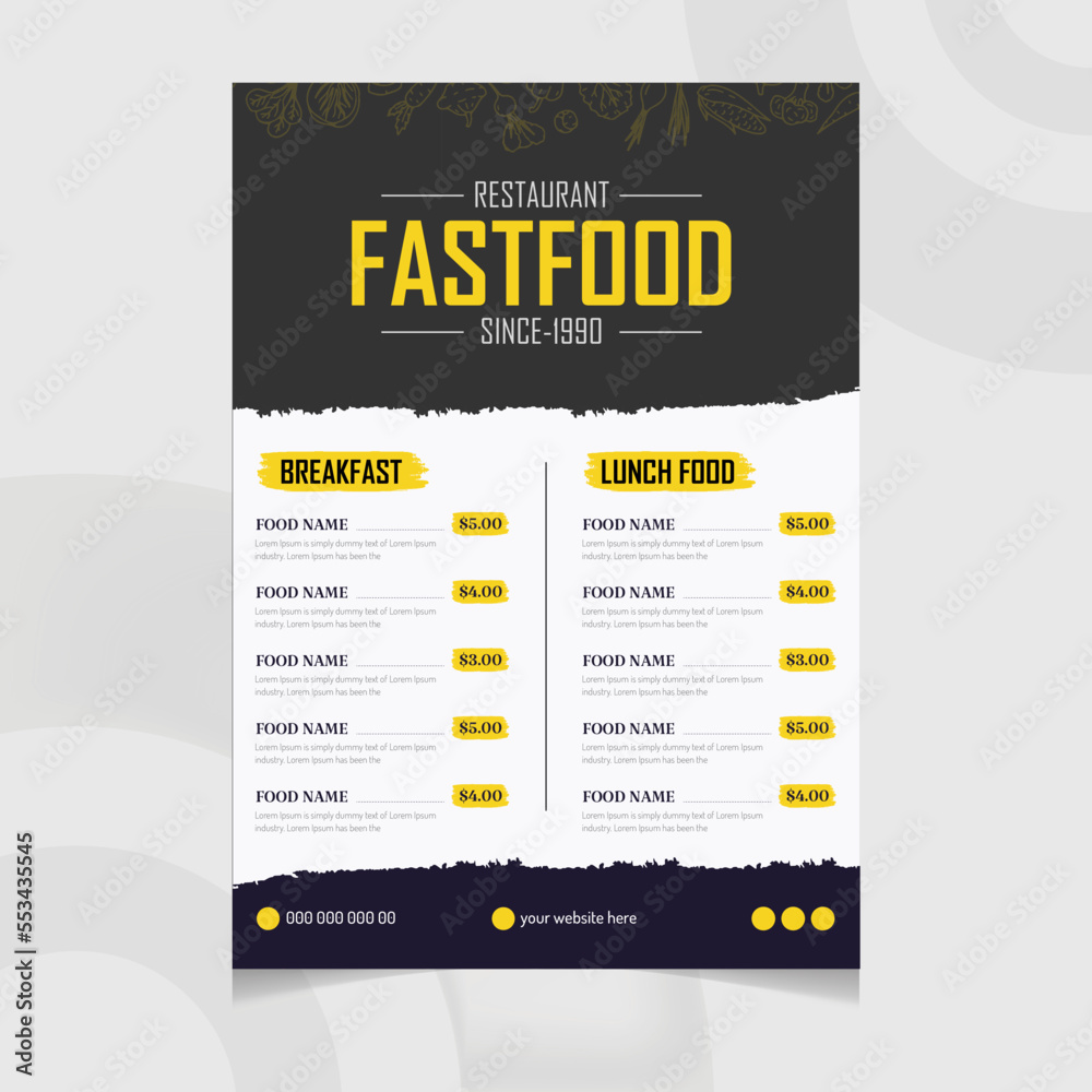 one page Food menu & Restaurant Flyer Brochure Template Design Stock ...