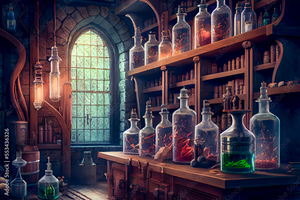 Scientific laboratory. Medieval science laboratory. Fantasy lab with ...
