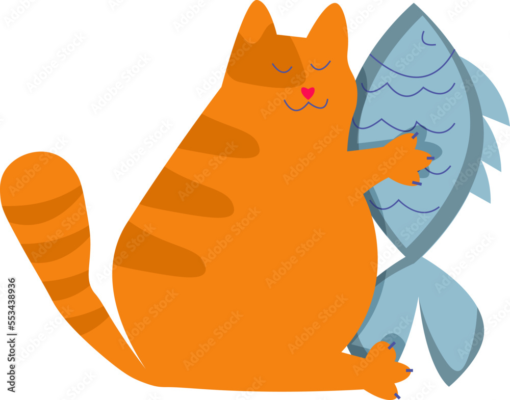 Smiling fat cat holding fish drawing on transparent background Stock ...