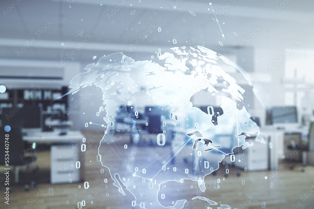 Multi exposure of abstract programming language hologram and world map ...