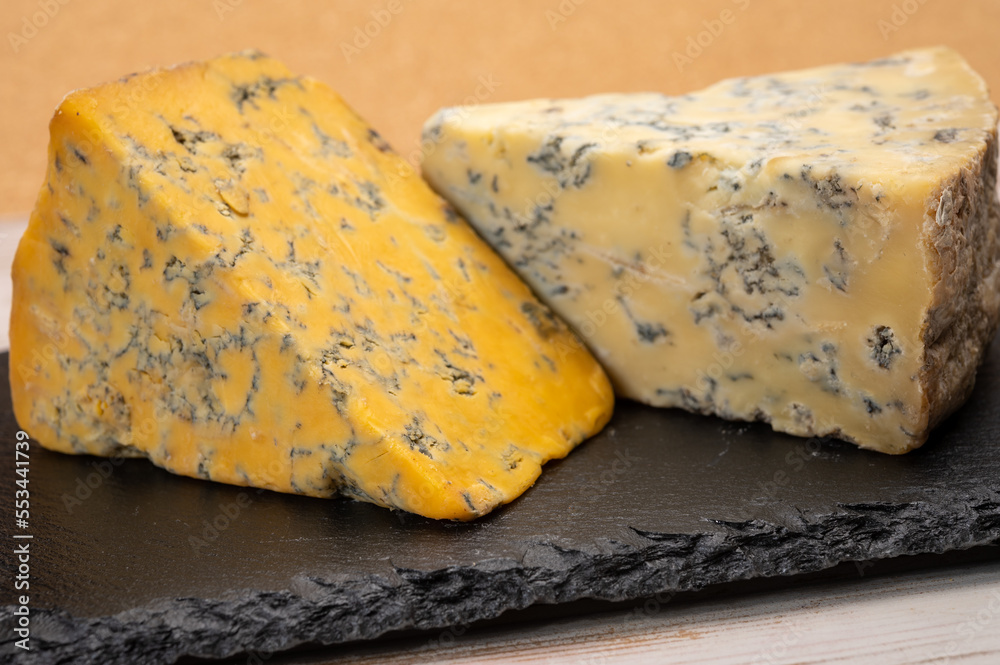 Cheese collection, English old shropshire blue and stilton blue cheeses ...