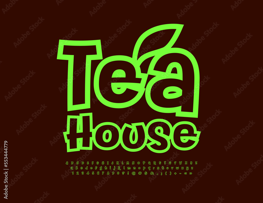 Vector modern logo Tea House with decorative Leaf. Green funny Font ...