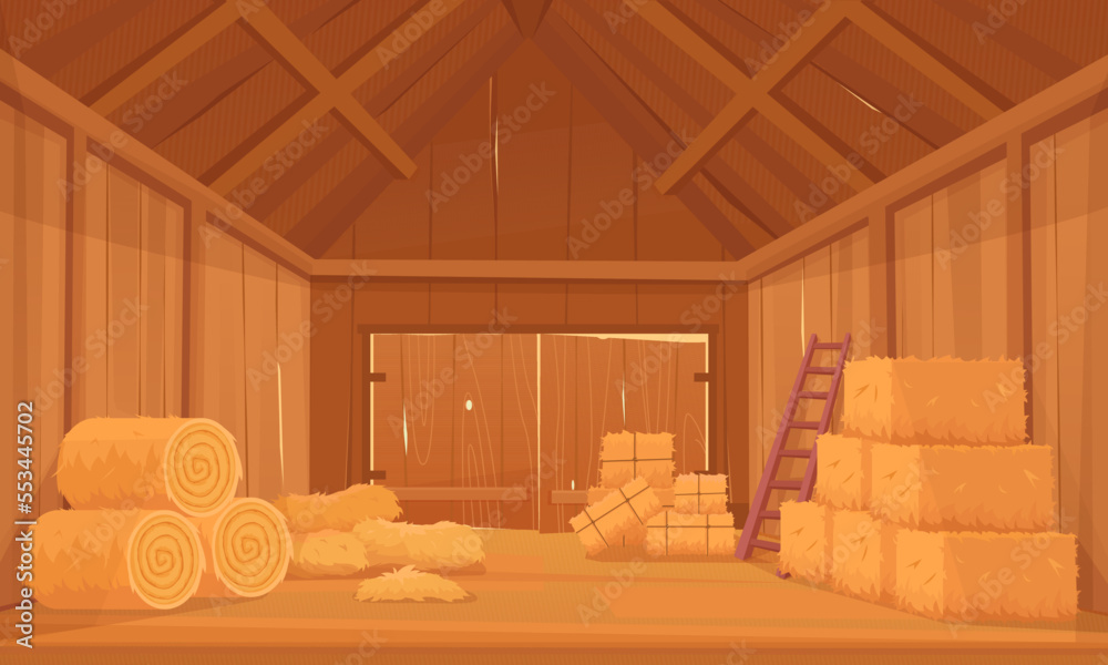 barn with hay. rural indoor background with haystack collection. Farm ...