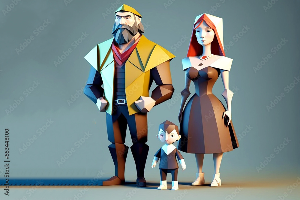 Low polygon 3D render of a small modern family against a plain ...