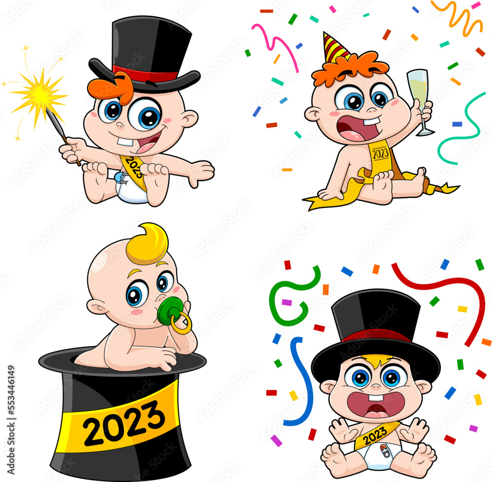 Cute New Year Baby Cartoon Characters. Vector Hand Drawn Collection Set ...