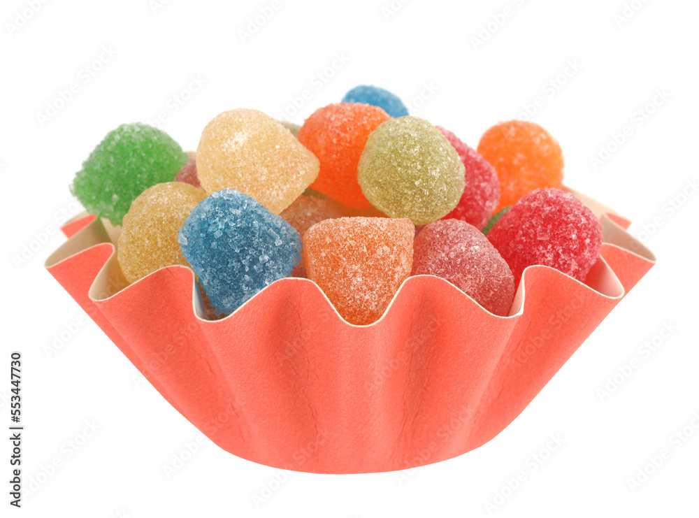 Jelly sweets colorful candies gumdrops in muffin baking paper cup box ...
