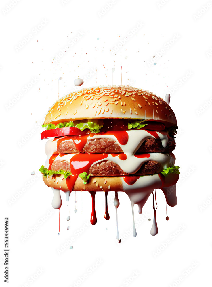 classic cheeseburger splashed on a wall or a board with dripping ...